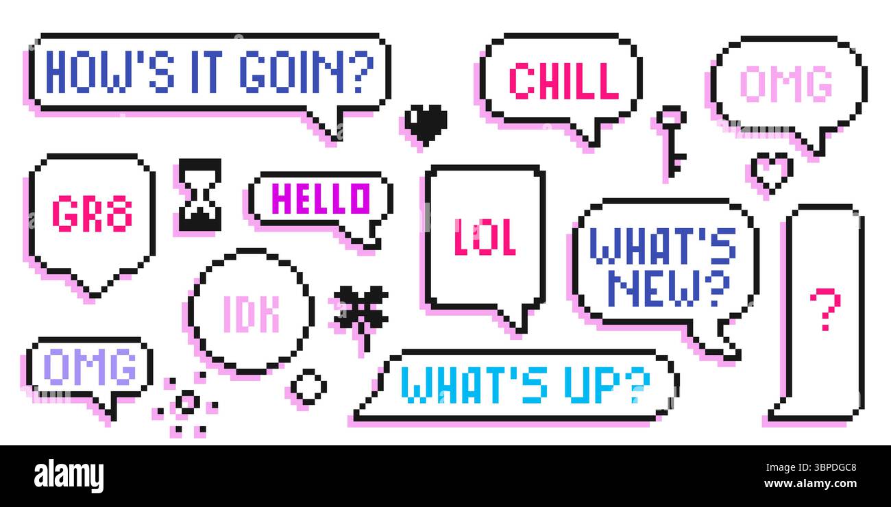 Retro pixel speech bubbles set - various chat boxes with text messages, emoticons like hearts ...