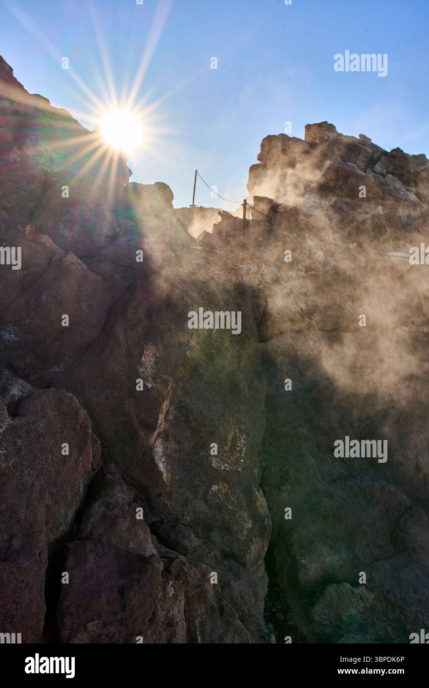 Steaming geothermal vents releasing gas inside the crater of Pico del ...