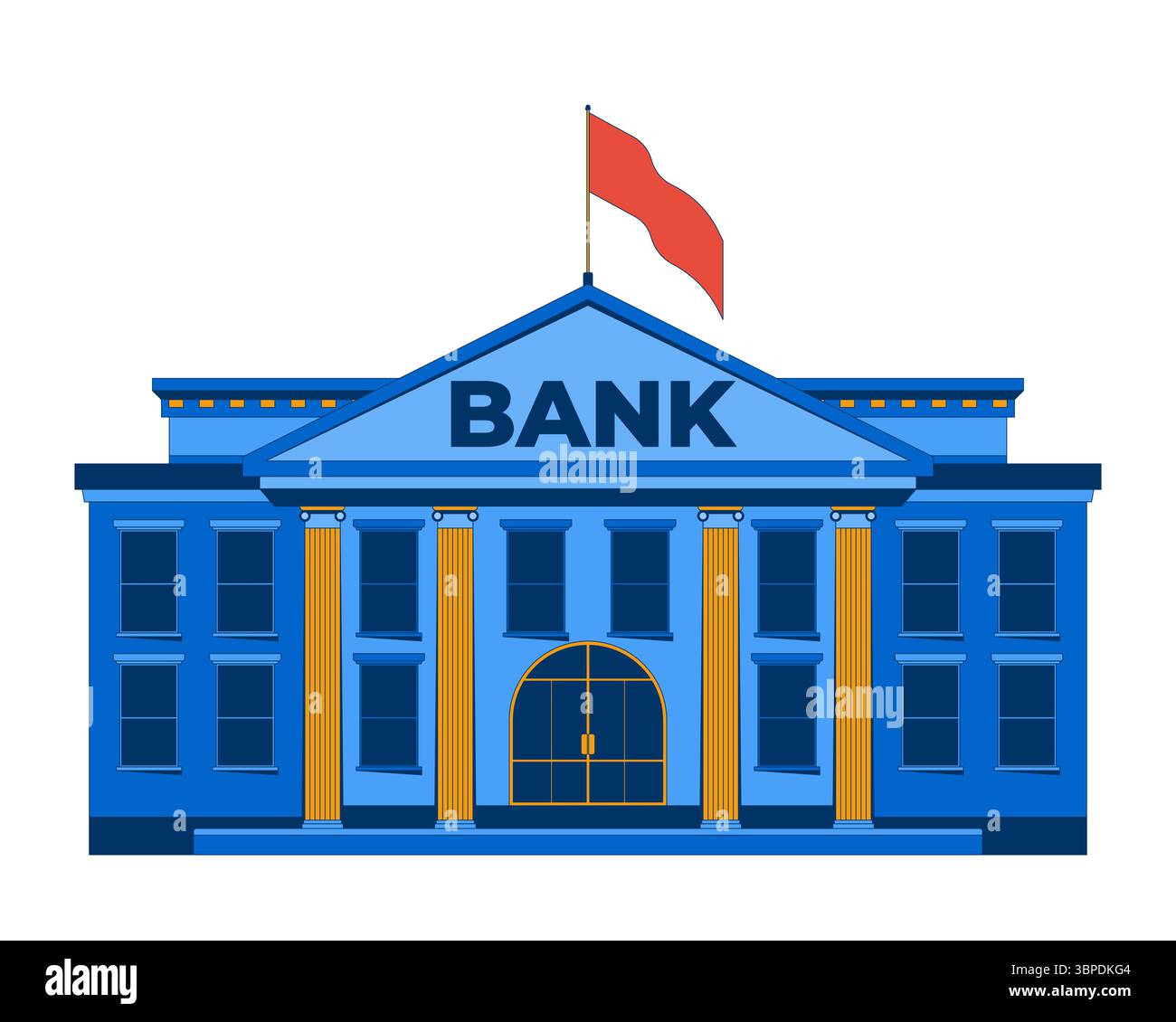 Classic bank building with red flag fluttering 2D cartoon object Stock ...