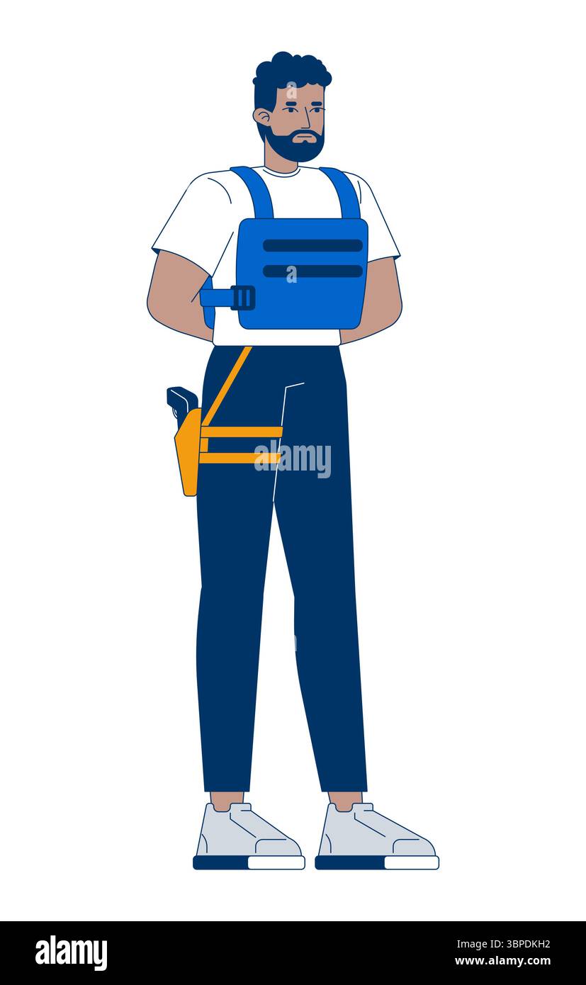 Serious black male security guard in bulletproof vest and carrying ...