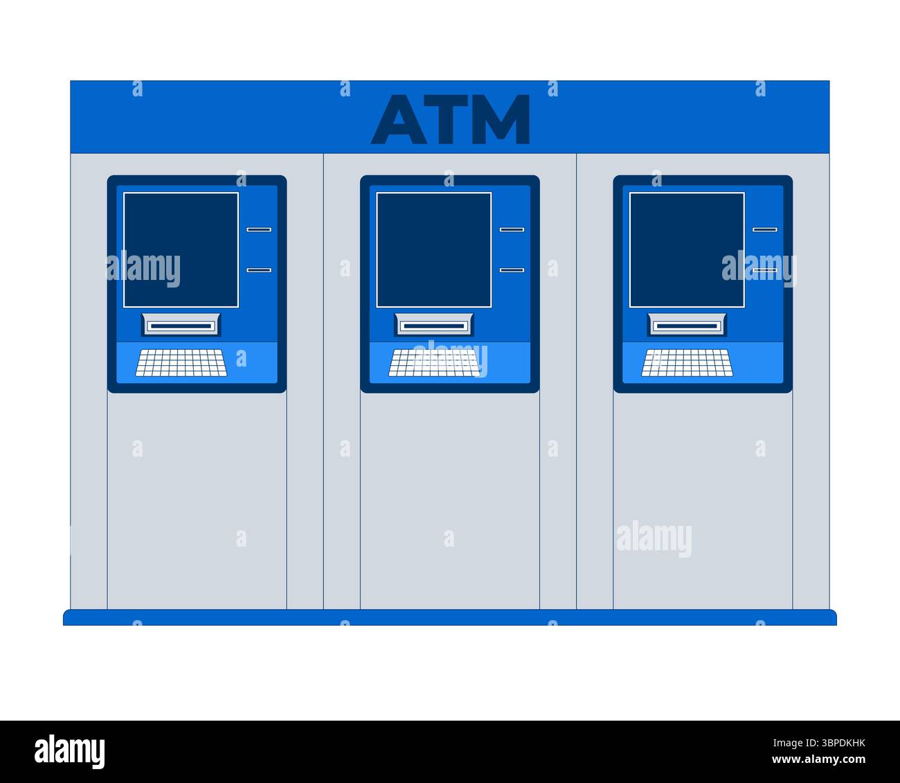 Row of three ATM machines for public banking 2D cartoon object Stock ...