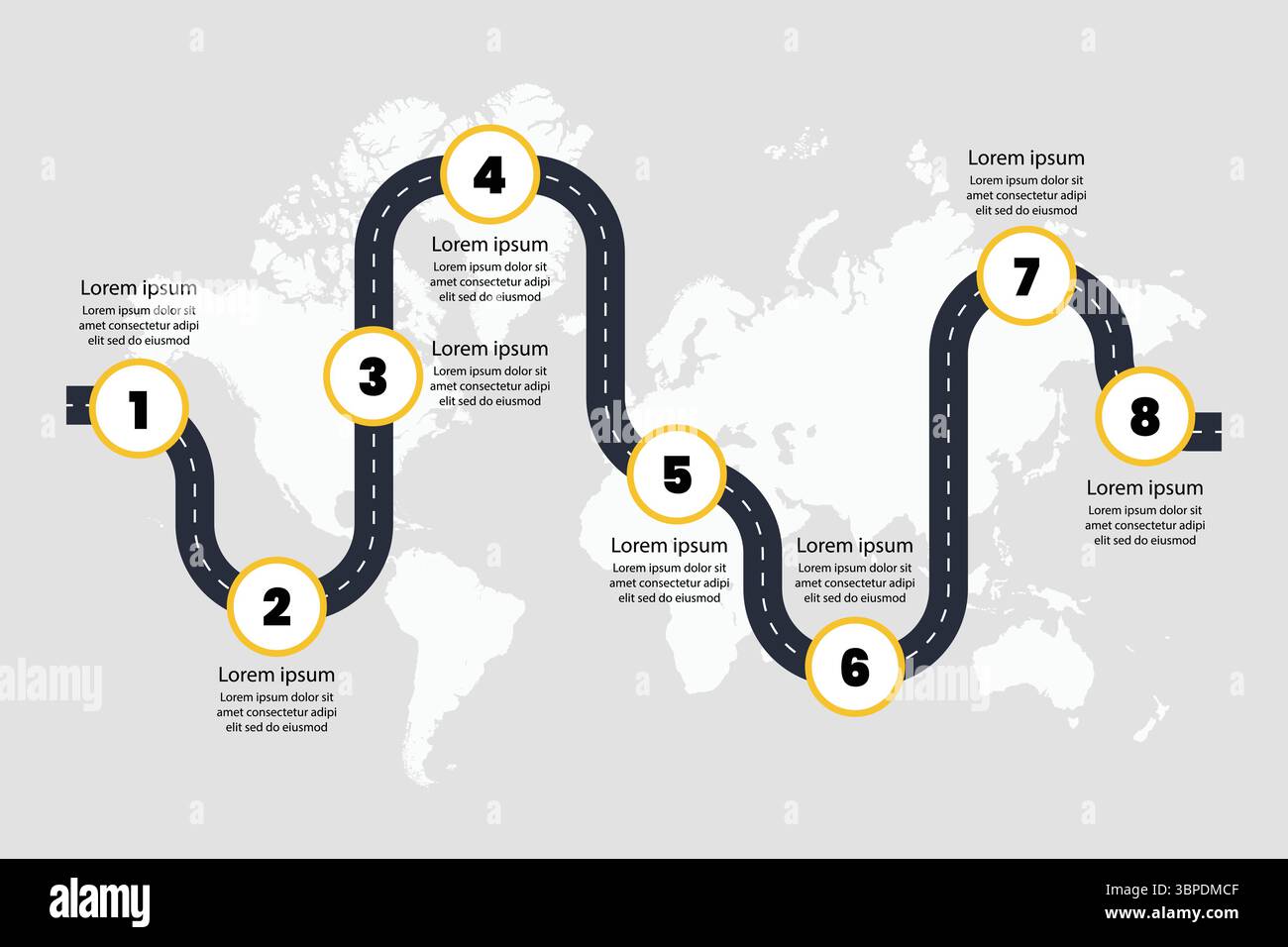 Roadmap infographic with steps process infographic world map background. Infographic for ...
