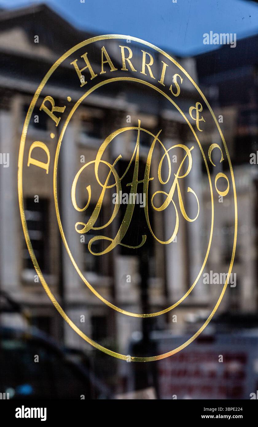 Gold leaf window signage at the D. R. Harris & Co Pharmacy on St James's Street Stock Photo - Alamy