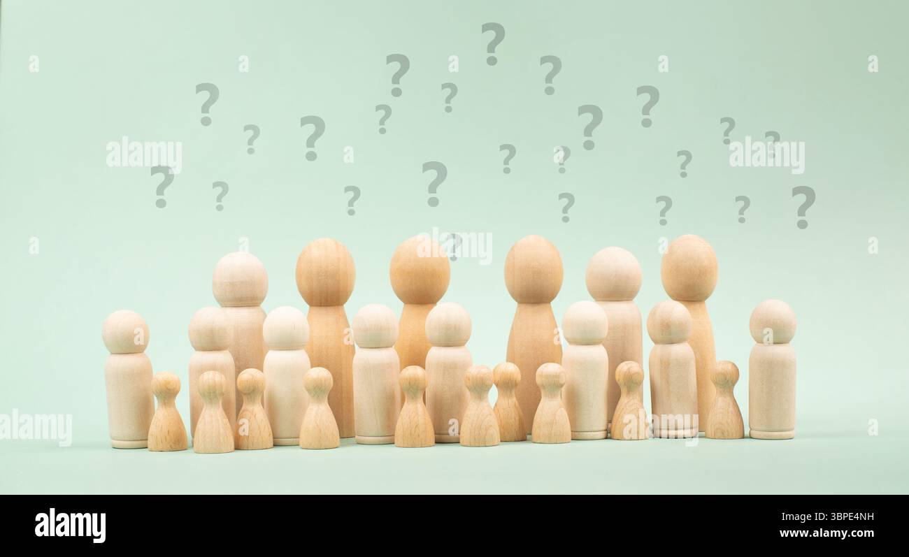 Crowd of people with question marks, searching for answers ...