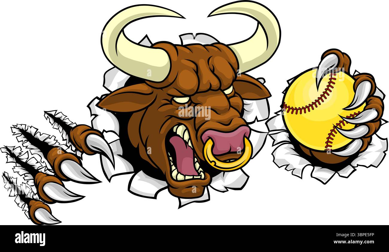 Bull Minotaur Longhorn Cow Softball Mascot Cartoon Stock Vector Image ...
