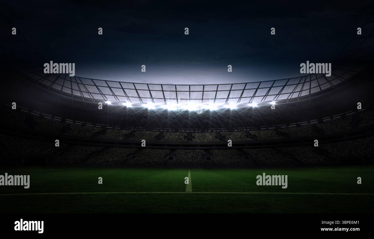 Empty floodlit grass pitch is being shown in flat design with curved ...