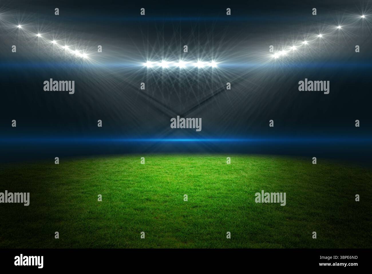 Flat design green grass pitch glowing under curved floodlights, showing ...