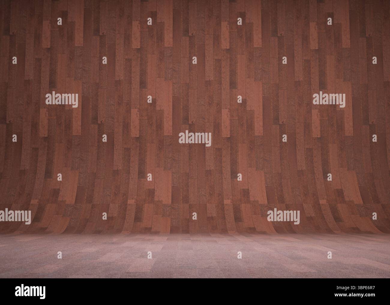 continuous curved wooden plank surface is transitioning floor into wall ...