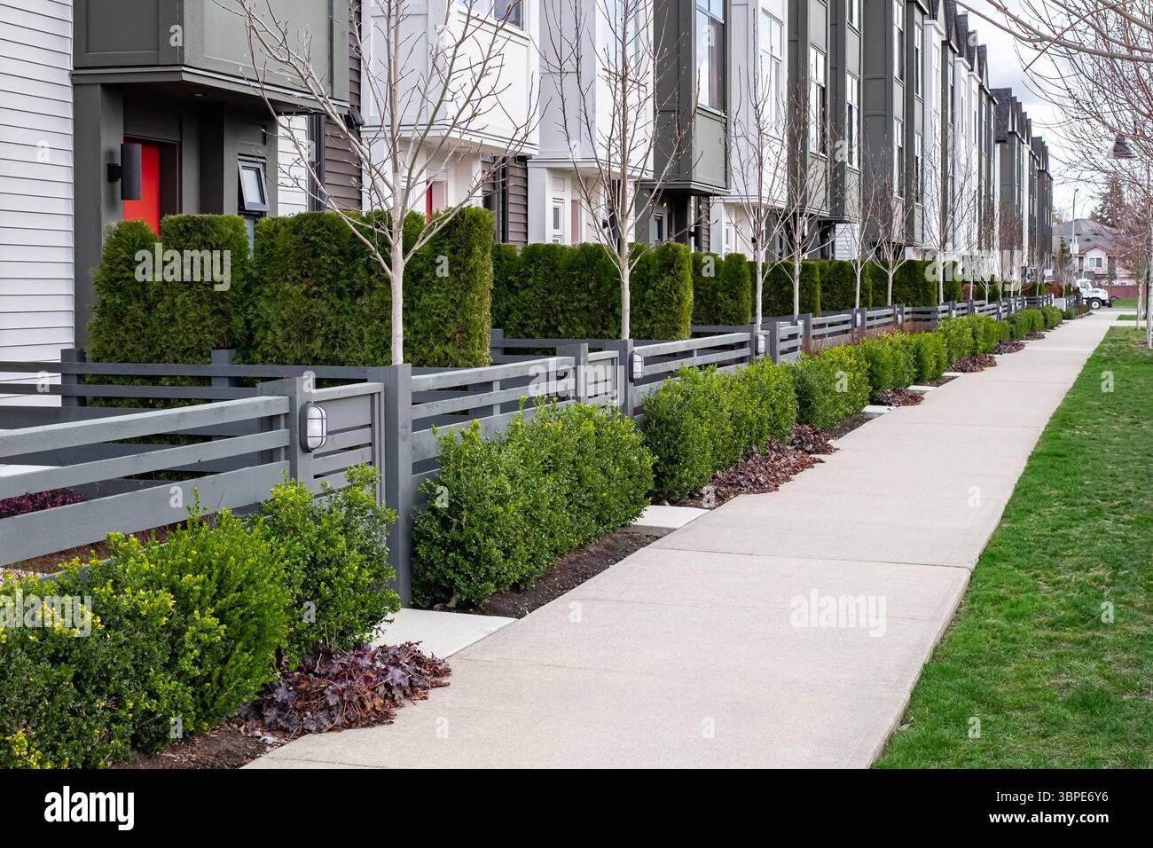 Canadian neighborhood. Development of new townhouses. Green city street ...