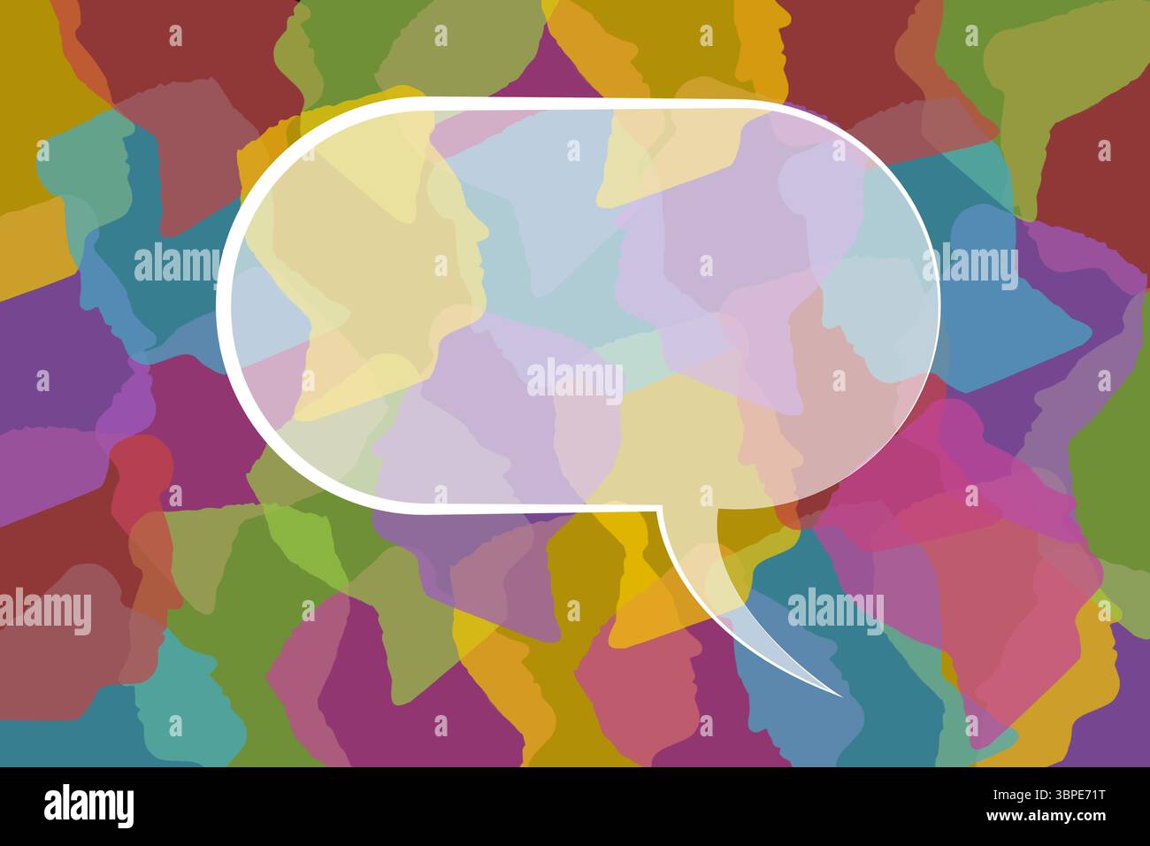 Message speech bubble on colorful human faces Stock Photo - Alamy