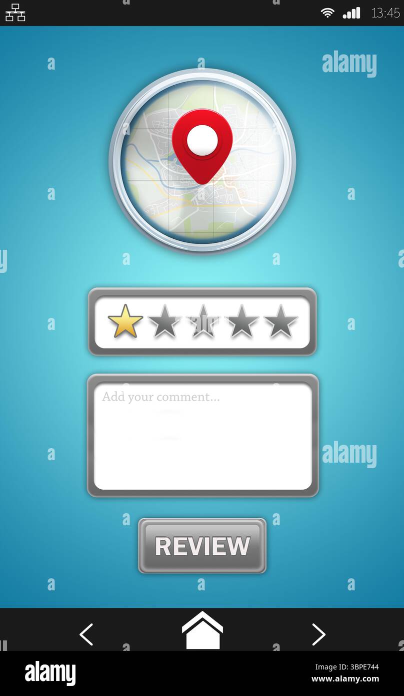 Showing app review on teal backdrop map pin 1-star rating, comment ...