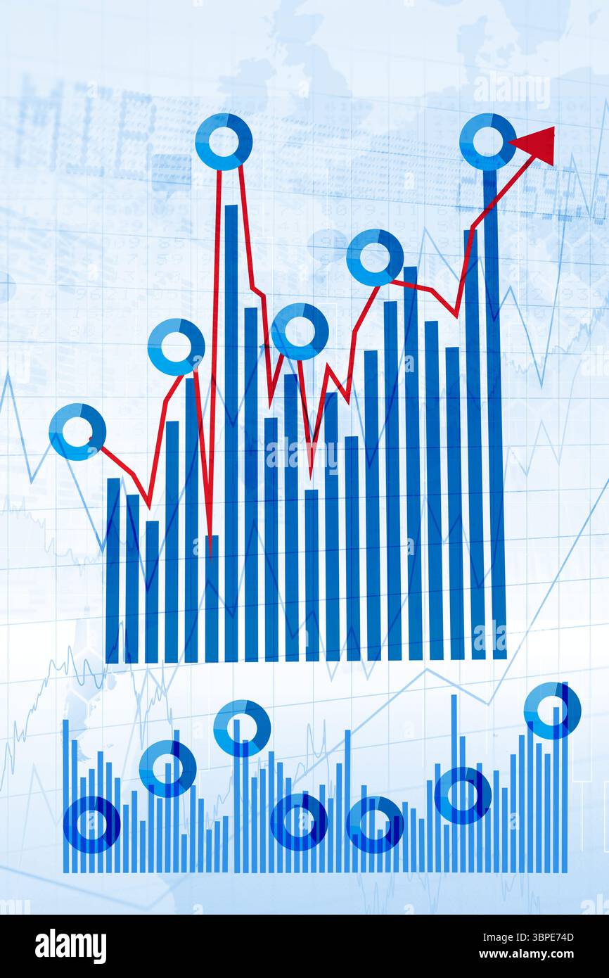 Flat design blue bars and red line chart illustrating data with grid ...