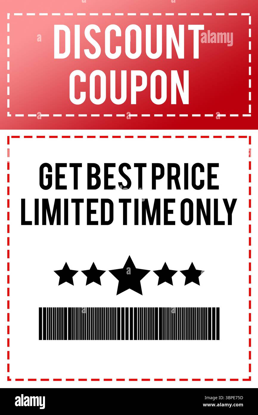 Flat design coupon is featuring title on red gradient with dashed borders, barcode plus star ...