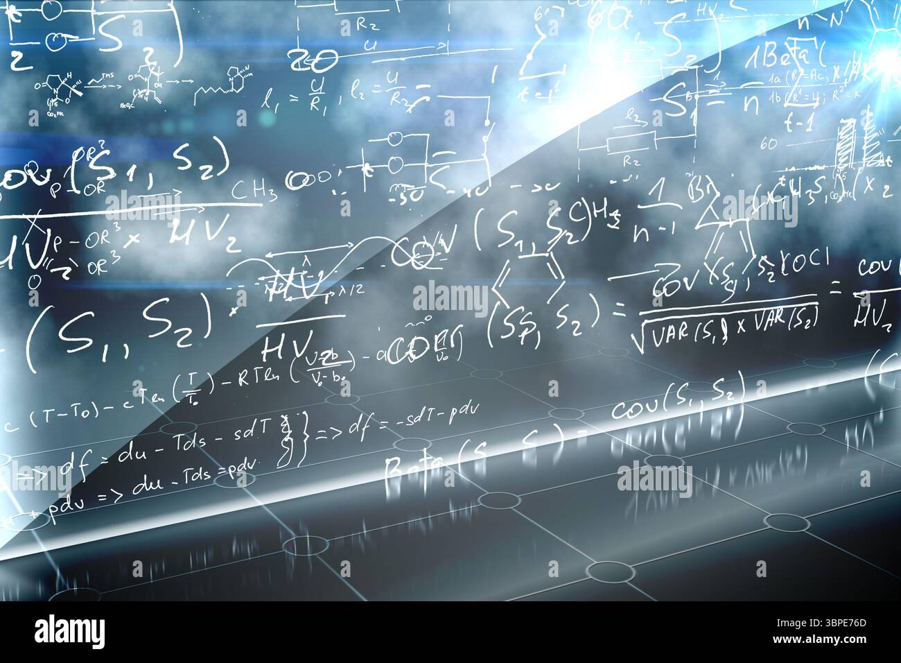 Floating translucent equations and chemical diagrams illuminating ...