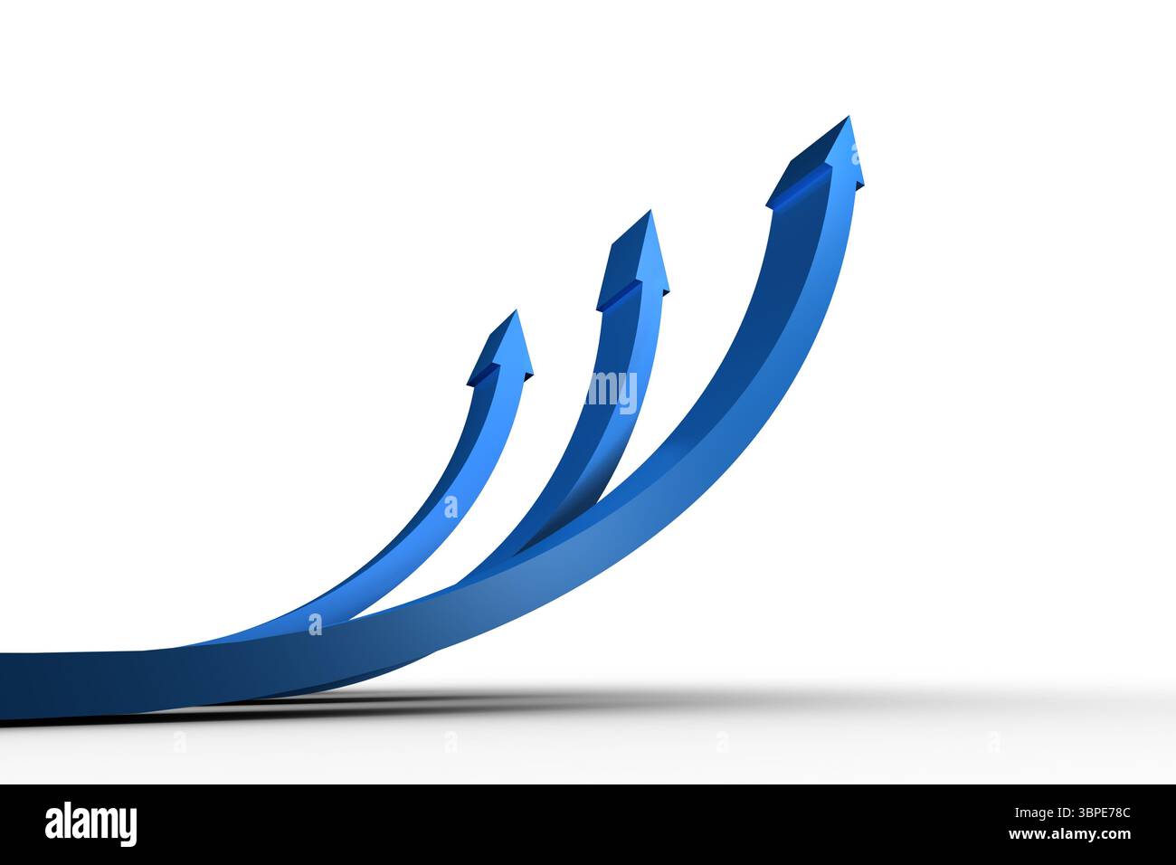 Glossy blue 3D curved arrows are sweeping upward on white background ...