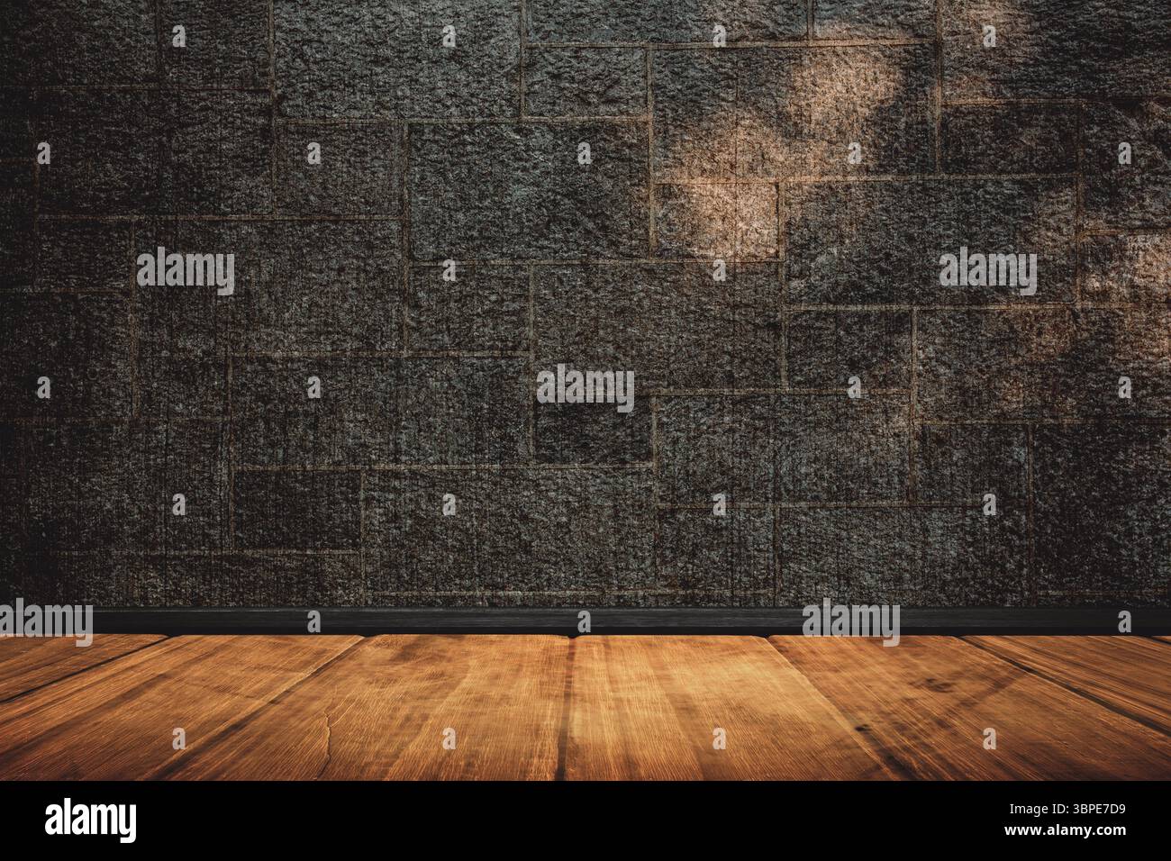 Textured stone brick wall and wooden floor are creating empty studio ...