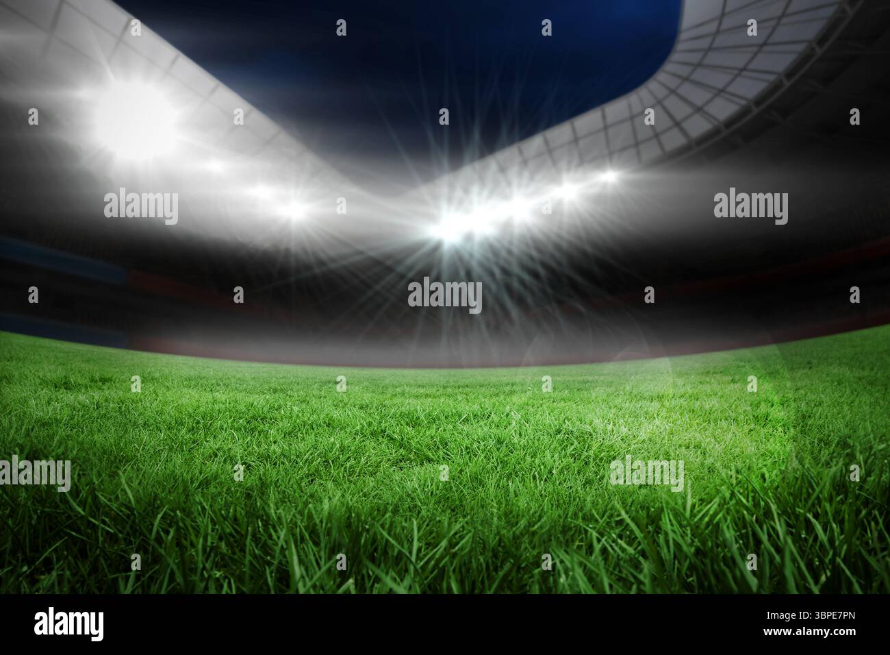 Grass field is being shown in flat design stadium, with floodlights ...