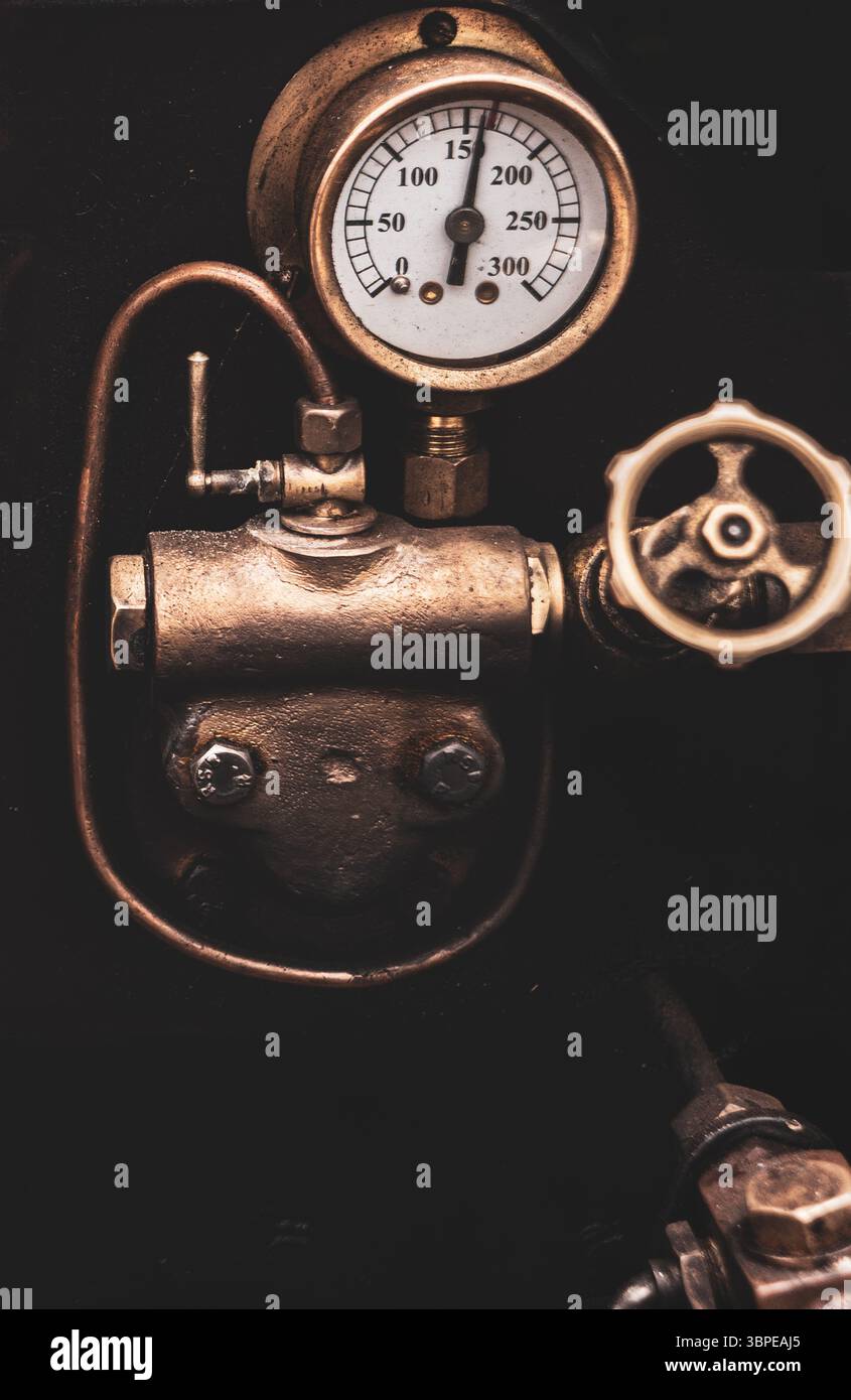 Steam pressure valve gauge of an English steam powered traction engine ...
