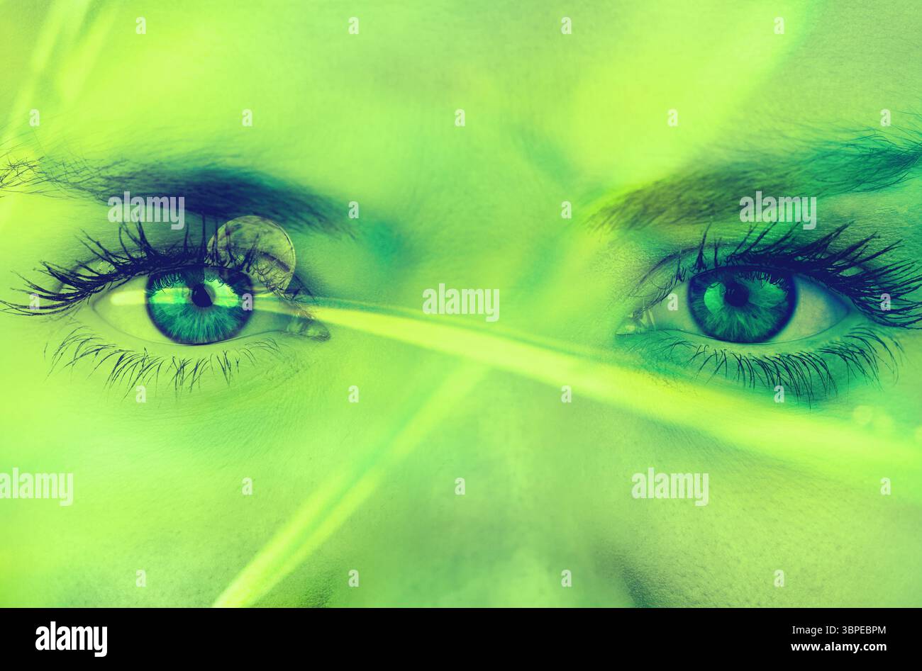 3D render is showing futuristic female face close-up glowing under ...