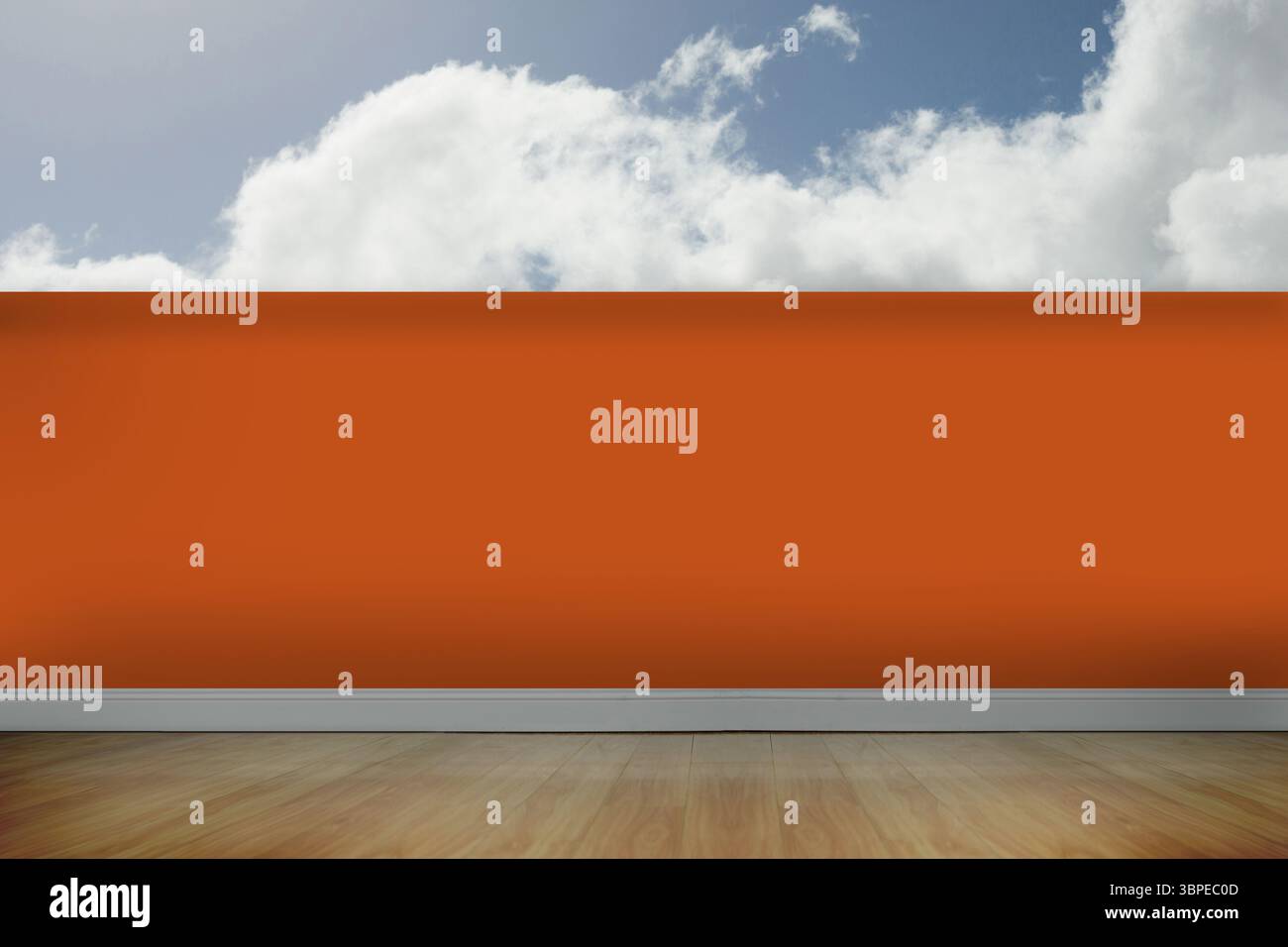 Large orange panel is covering wall in minimal flat design interior ...
