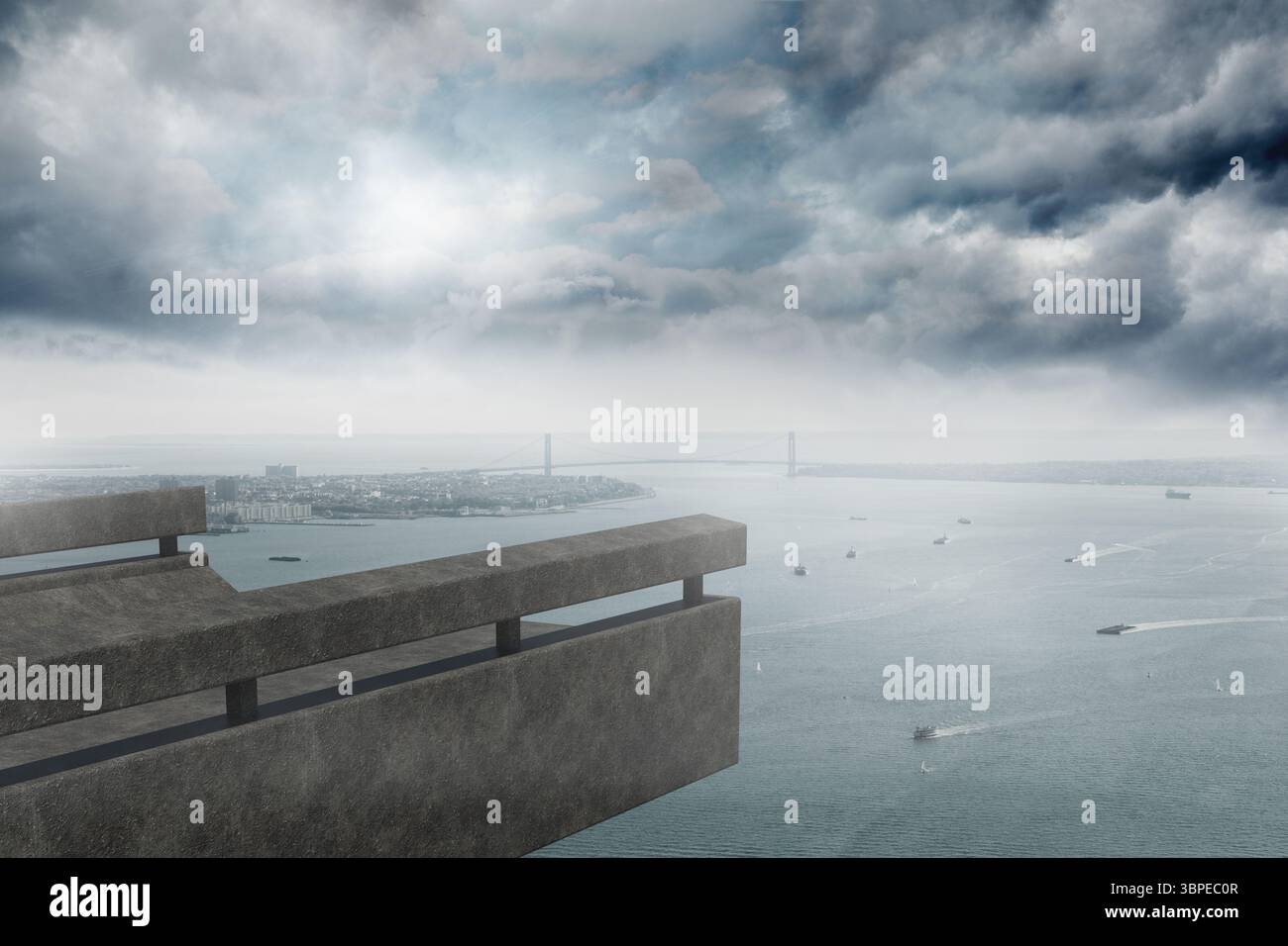 Flat design concrete balcony platform is jutting over bay with boats ...