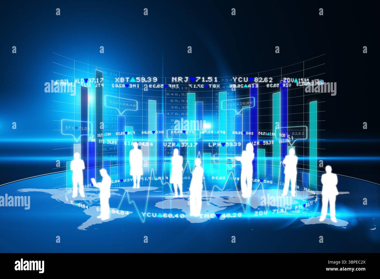 Business silhouettes are gathering in flat analytics hub on world map ...
