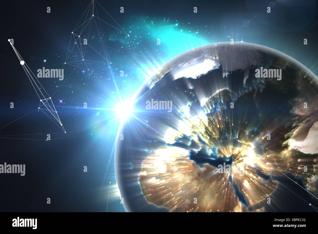 Vector showing Earth glowing city lights sun rising radiating data ...