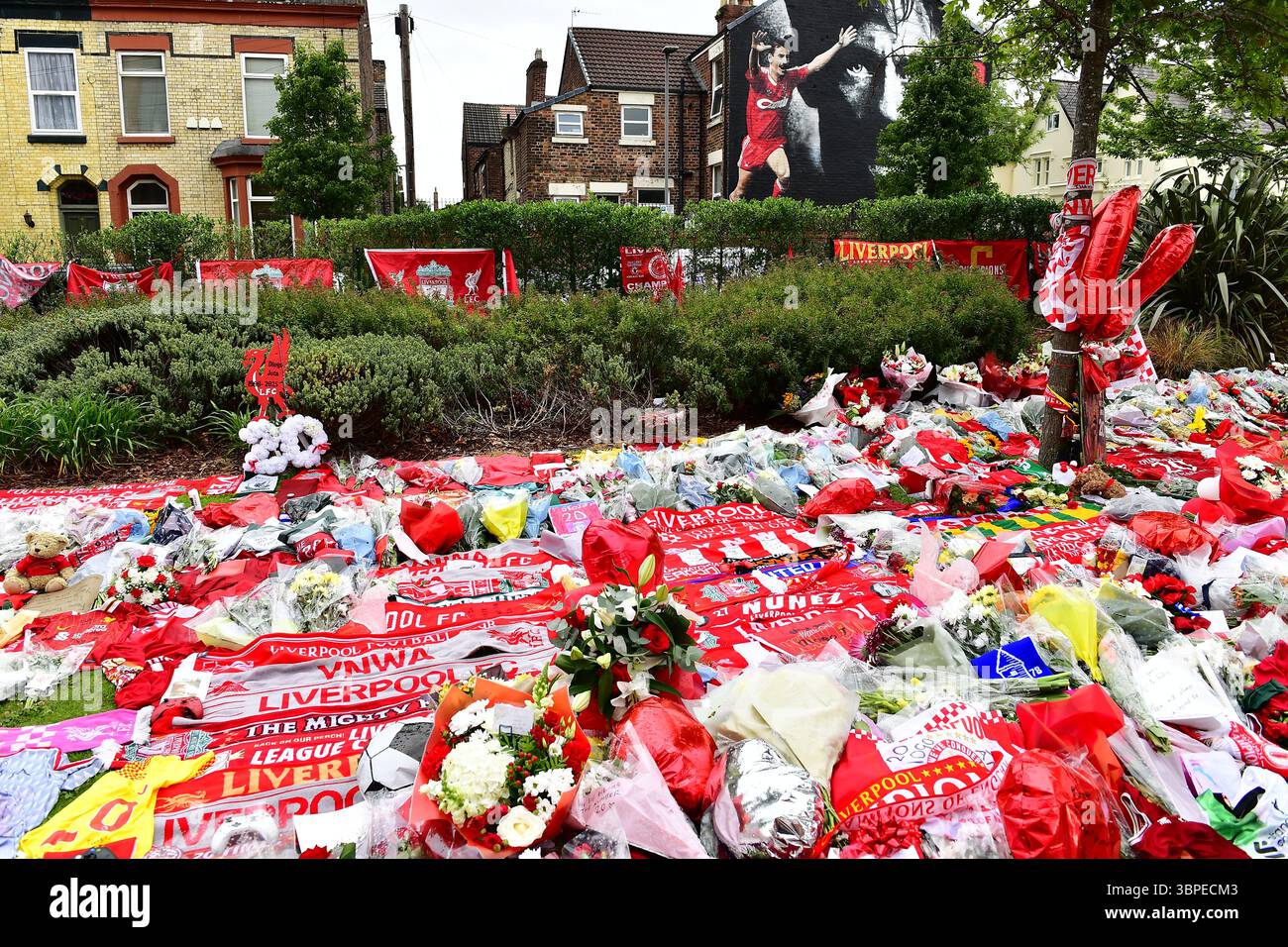 Floral tributes,scarves,balloons,messages of condolance etc are placed ...