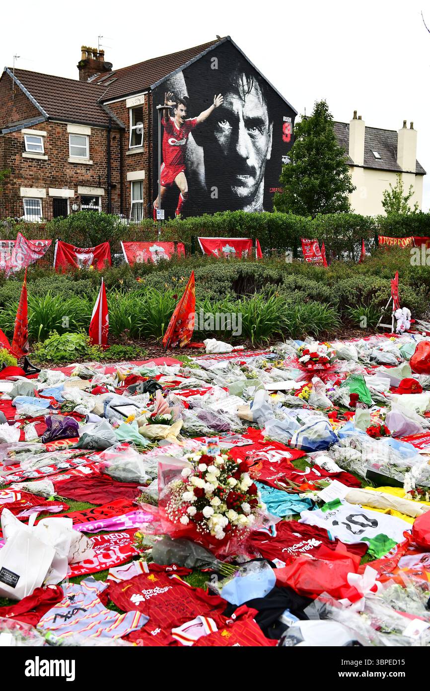 Floral tributes,scarves,balloons,messages of condolance etc are placed ...