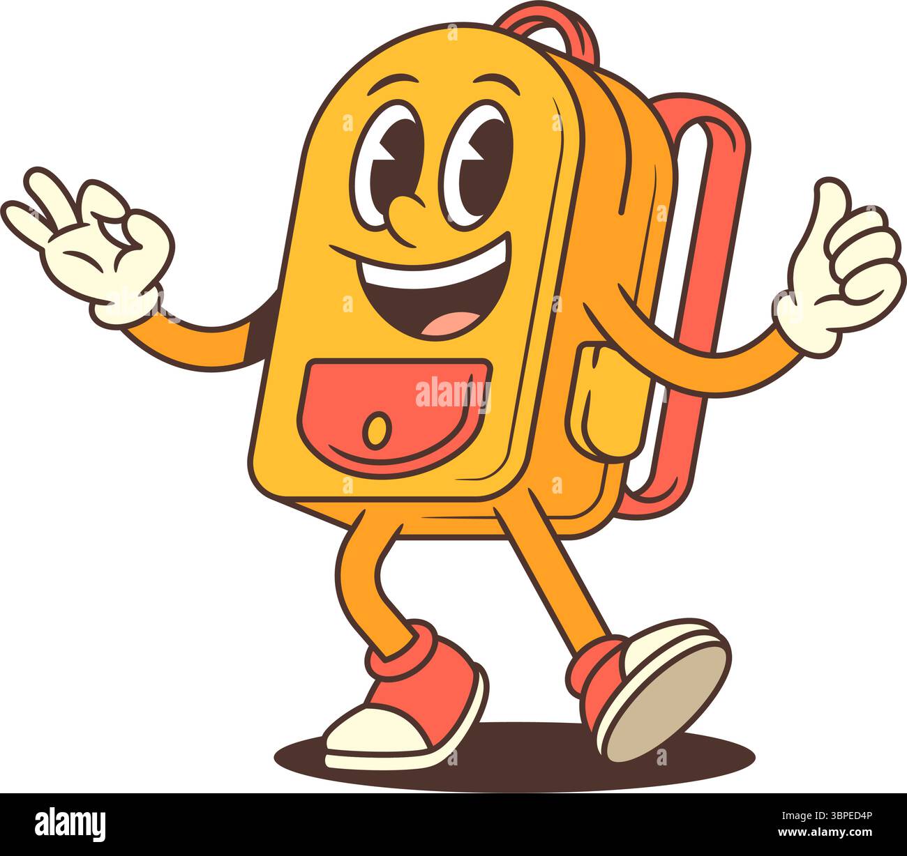 Cartoon backpack character walking with raised arms, giving a peace ...