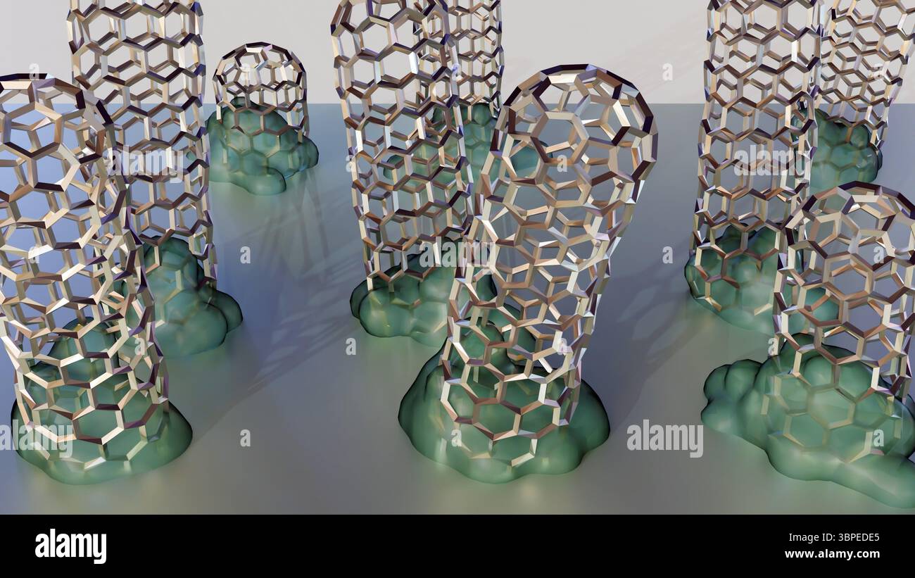 A 3D rendering showing carbon nanotubes growing from catalyst particles ...
