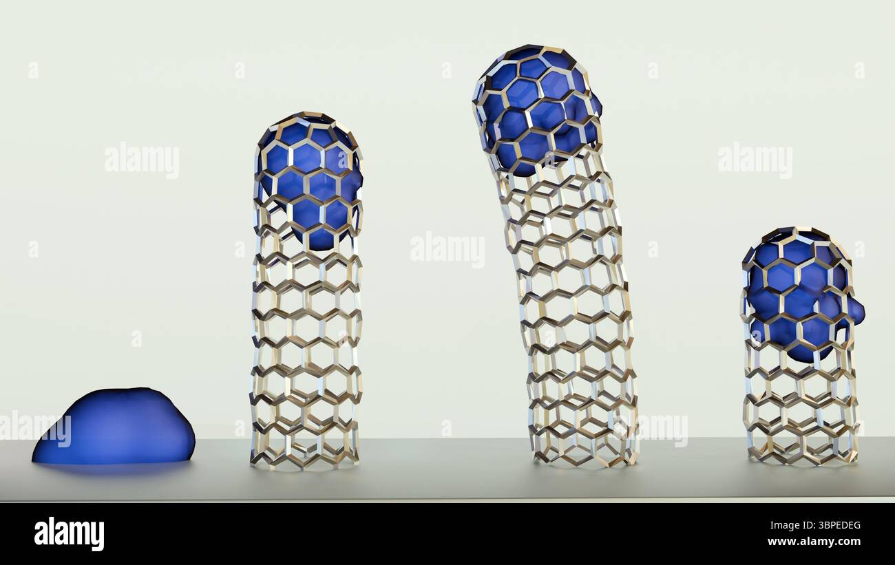 A 3D rendering showing the tip-growth model of carbon nanotubes, where ...