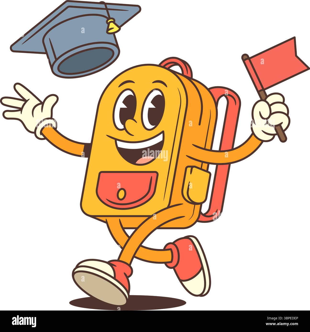 Energetic backpack mascot jumps with one leg up, holding a graduation ...