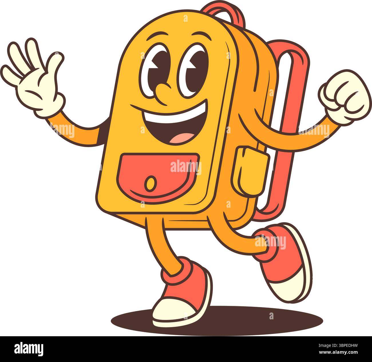 Colorful cartoon backpack character with bright eyes, big smile, waving ...