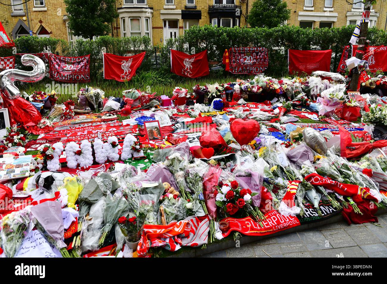 Floral tributes,scarves,balloons,messages of condolance etc are placed ...