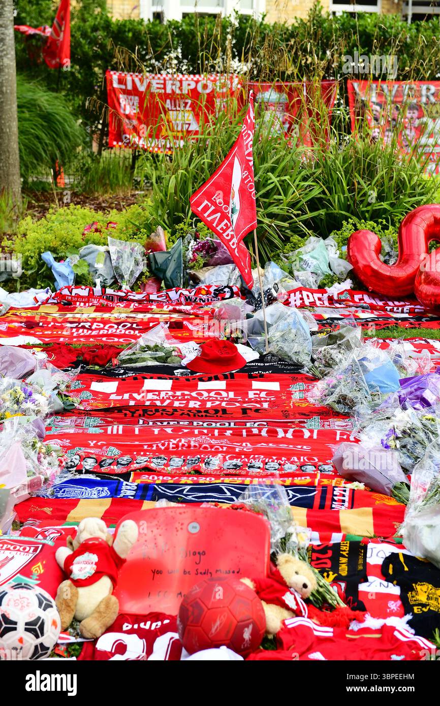 Floral tributes,scarves,balloons,messages of condolance etc are placed ...
