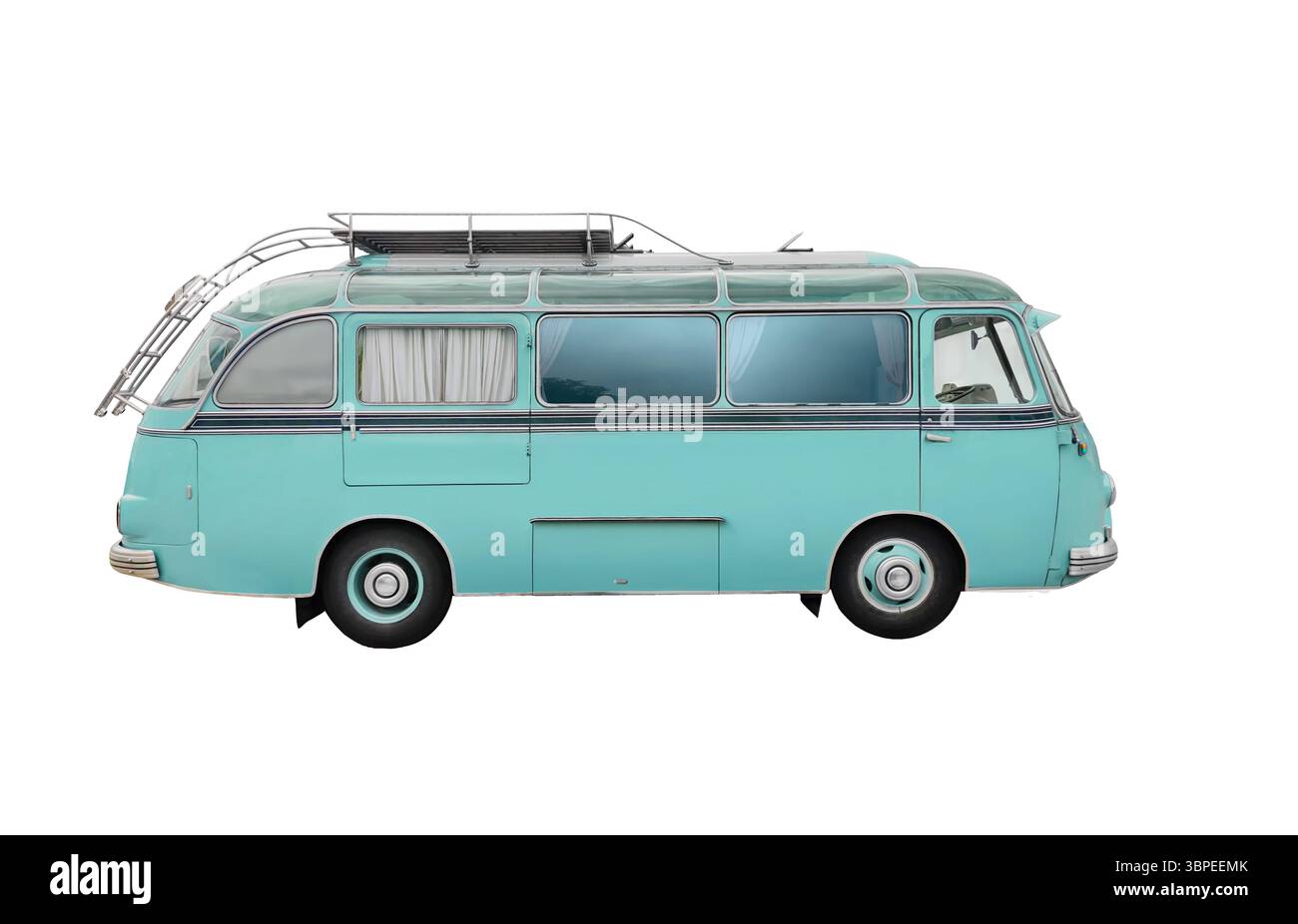Retro turquoise blue camper van, vintage old bus isolated on white ...