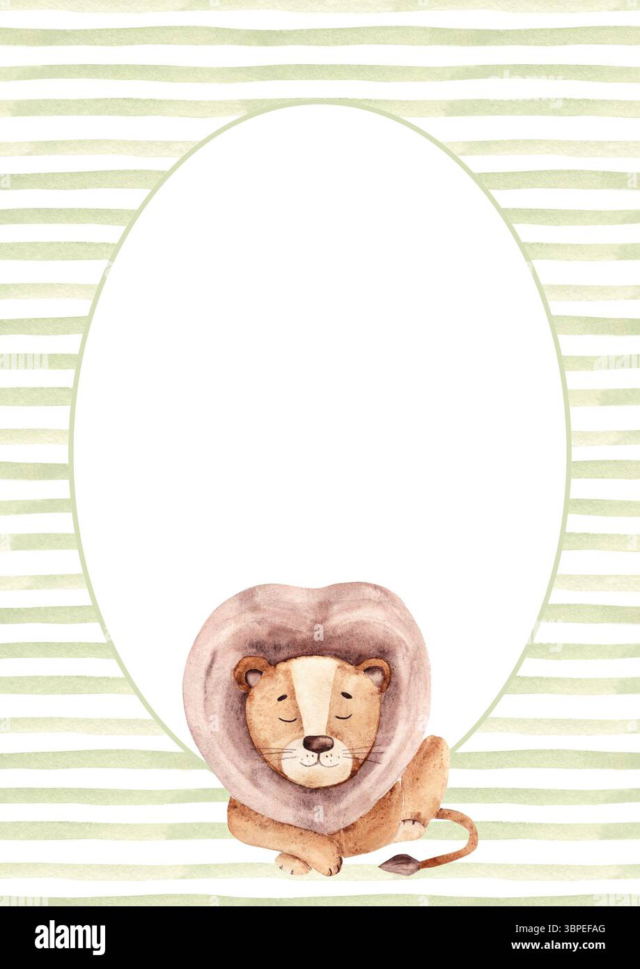 Watercolor Lion illustration, invitation template with green stripes ...