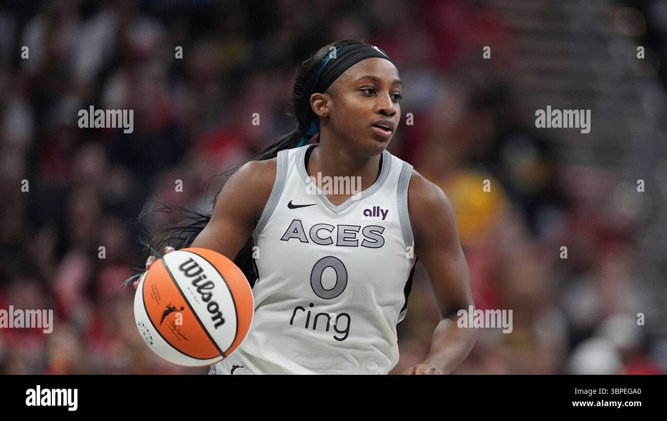 Las Vegas Aces' Jackie Young dribbles during the second half of a WNBA ...