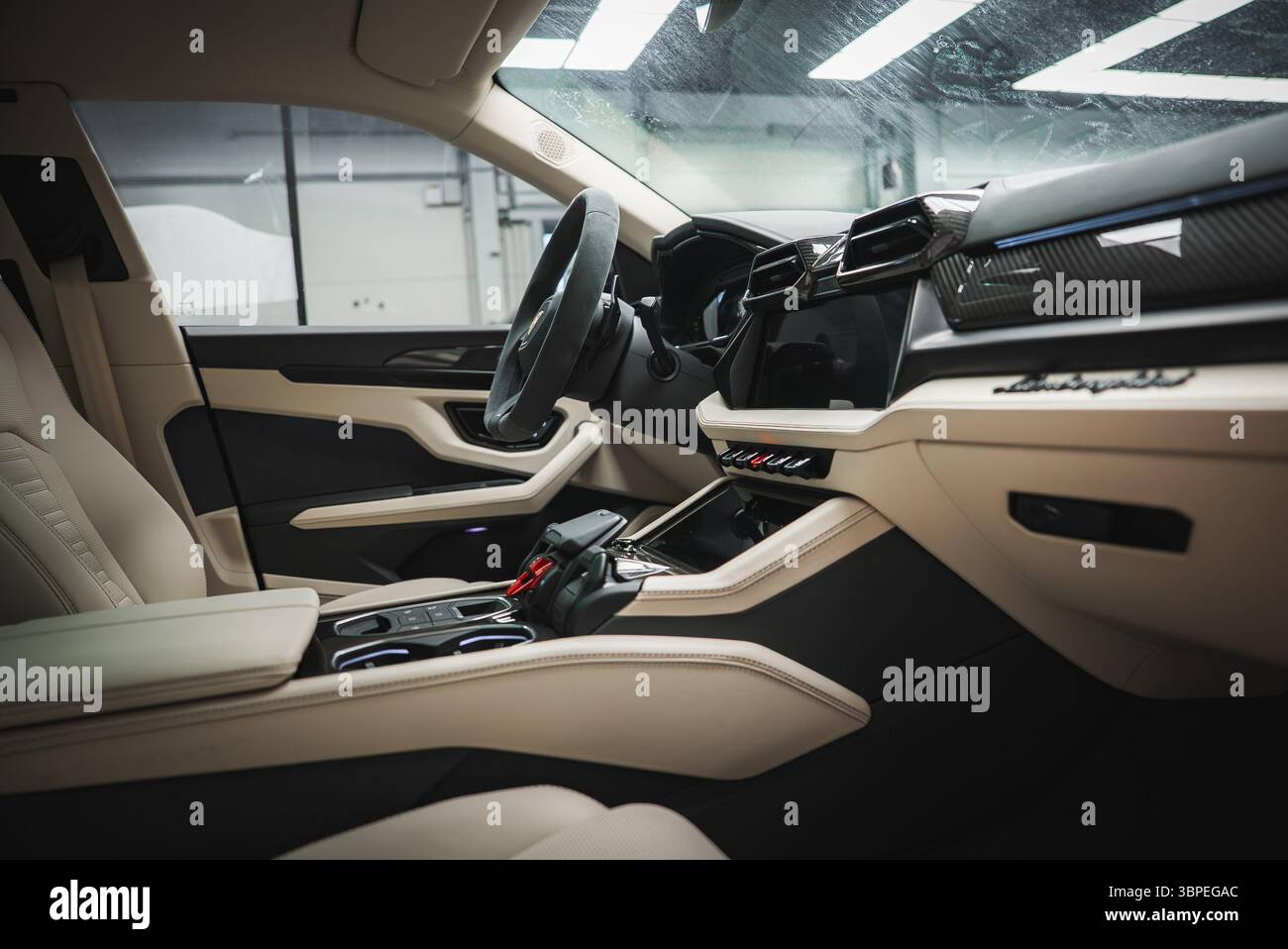 Interior of Lamborghini Urus with Beige Leather and Carbon Fiber ...