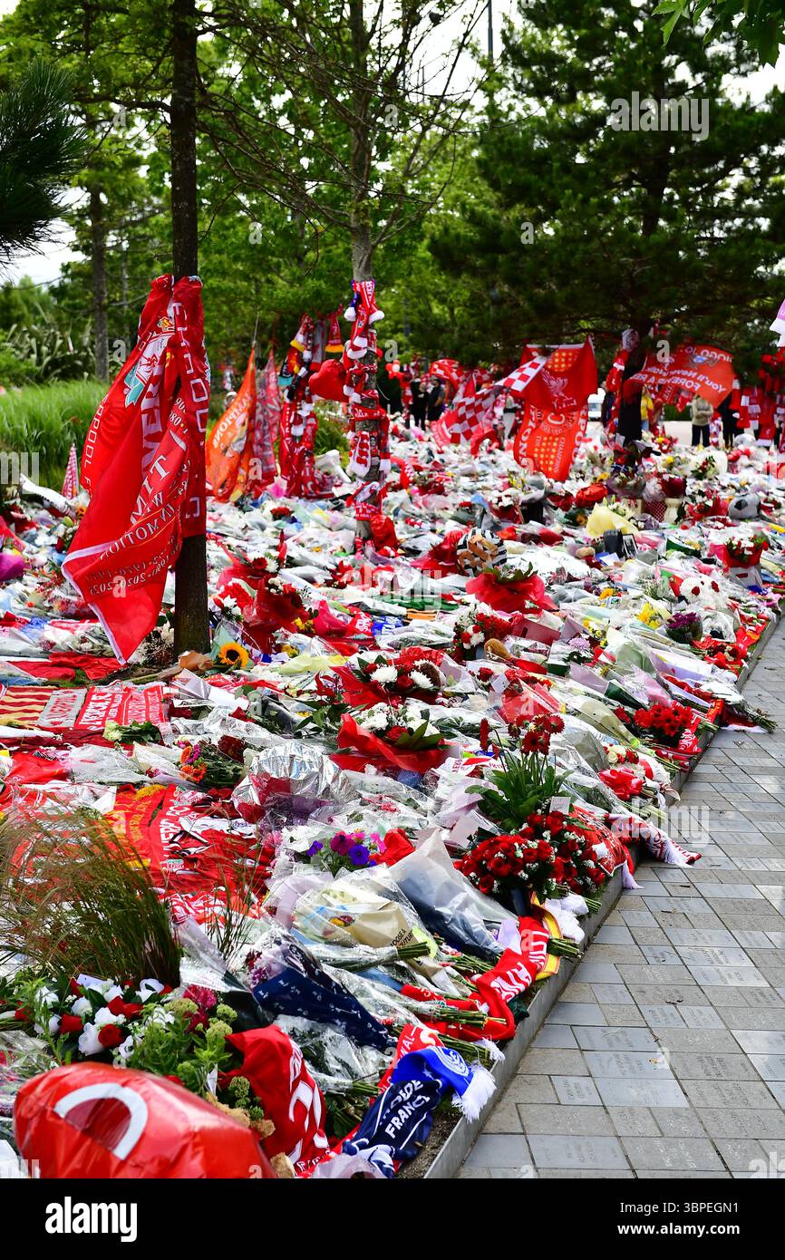 Floral tributes,scarves,balloons,messages of condolance etc are placed ...