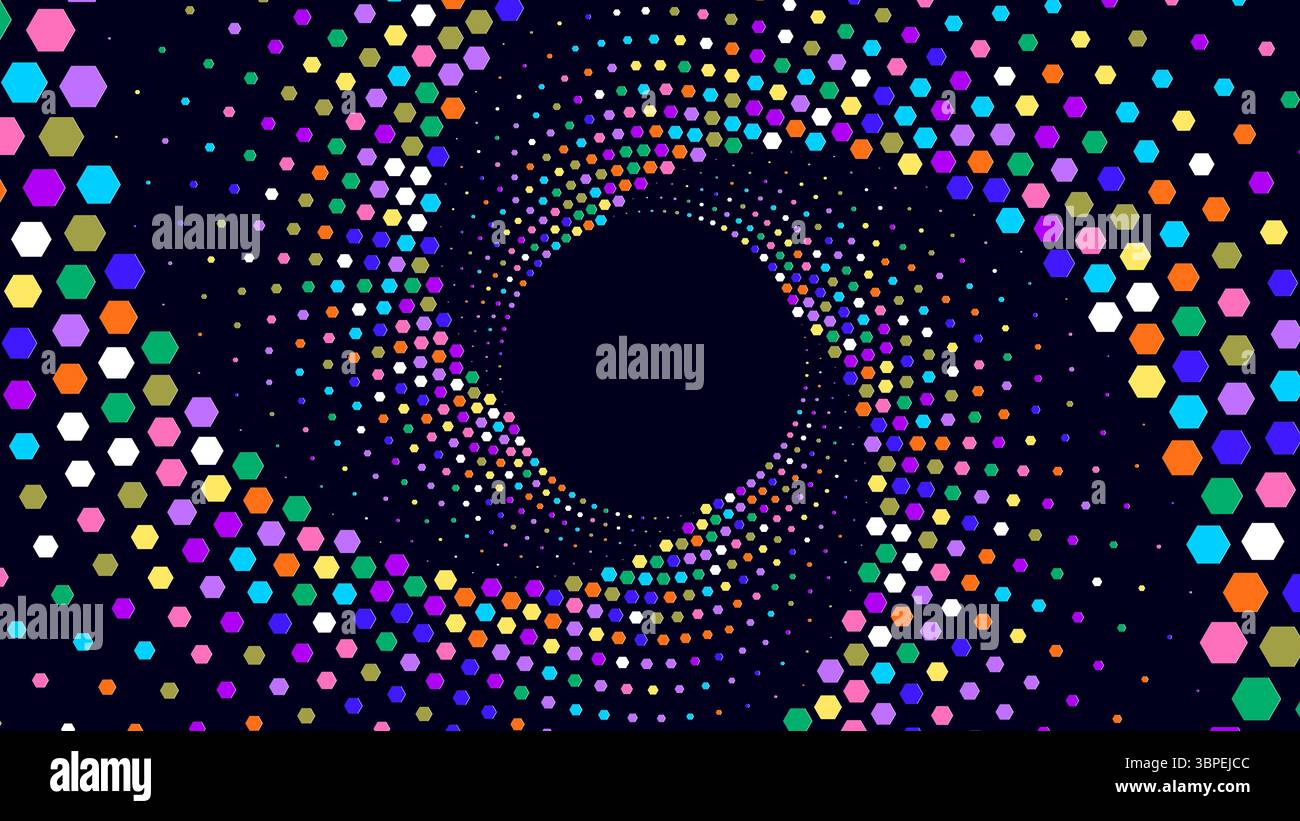 Colorful hexagons forming a swirling spiral pattern around a dark ...