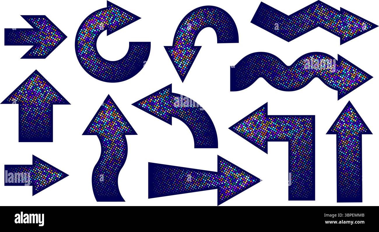 Set of blue arrows with colorful dot patterns, pointing in various ...