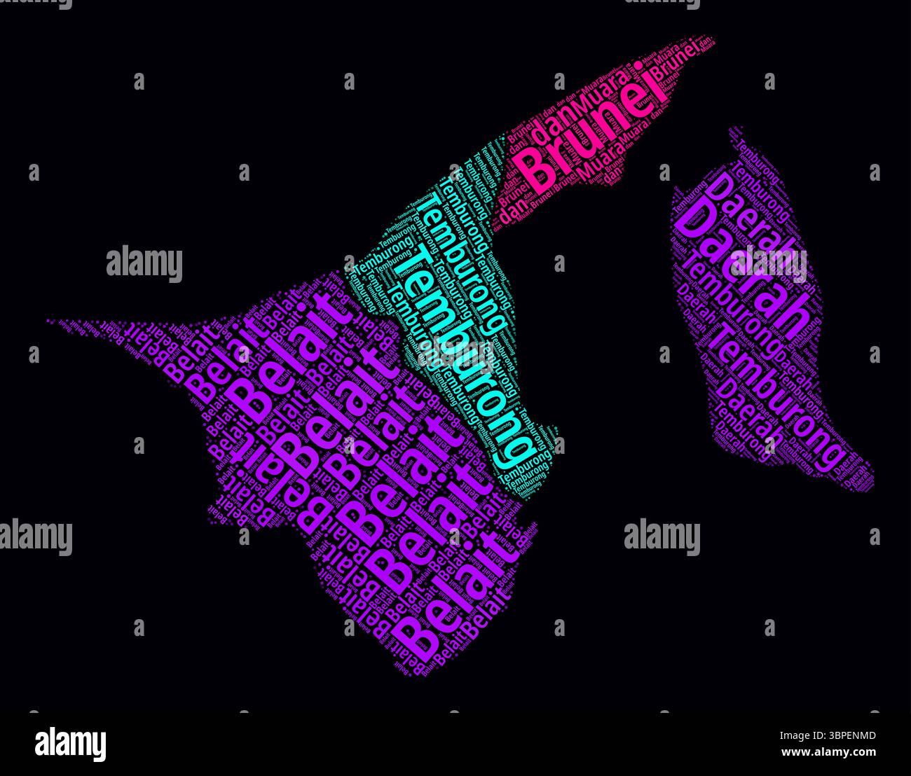 Brunei Regions Word Clouds. Bright neon style design on dark background ...