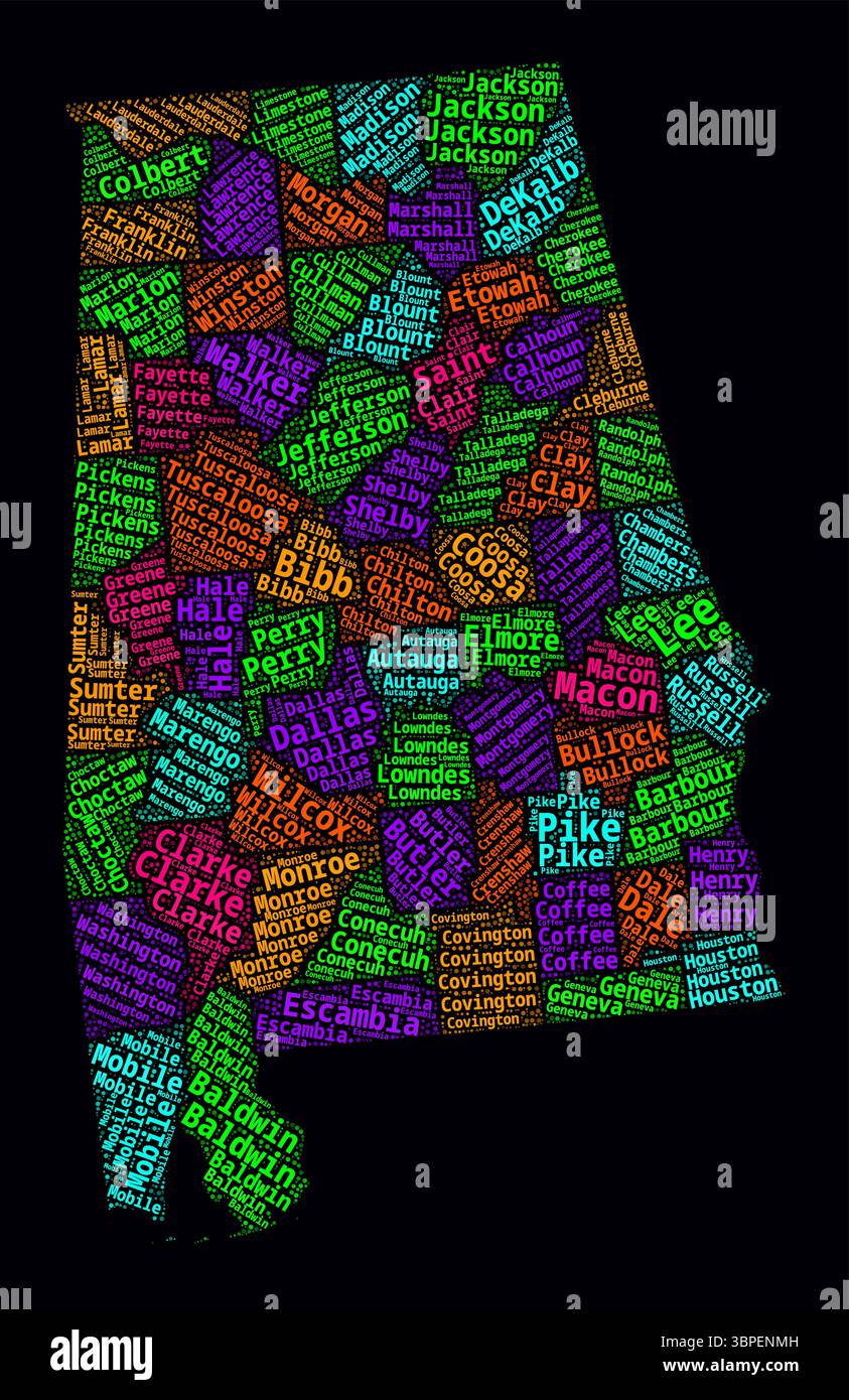 Alabama Regions Word Clouds. Bright typographic style design on dark ...