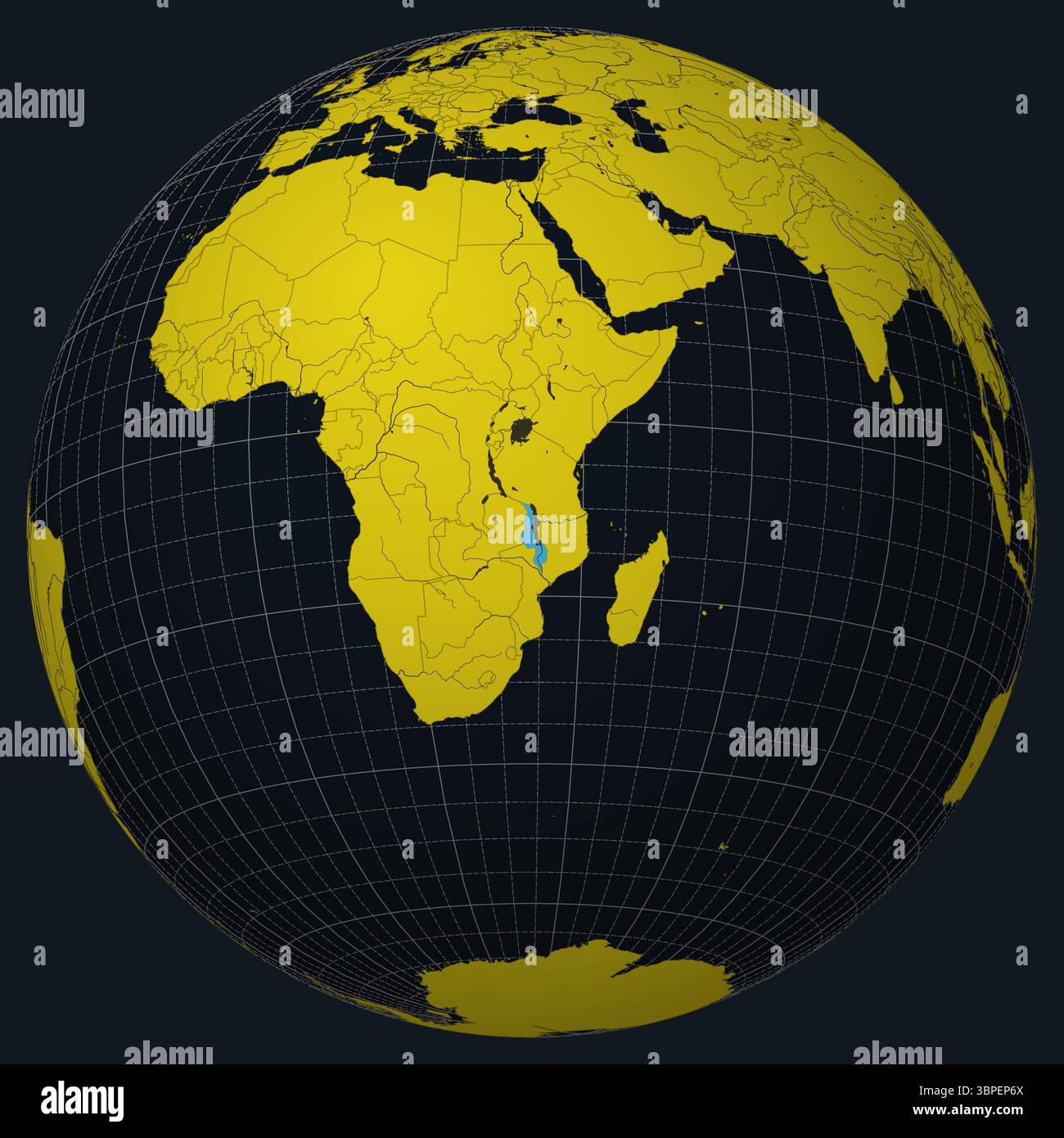 Malawi on Globe. Country view on the world map in Charcoal Bright ...
