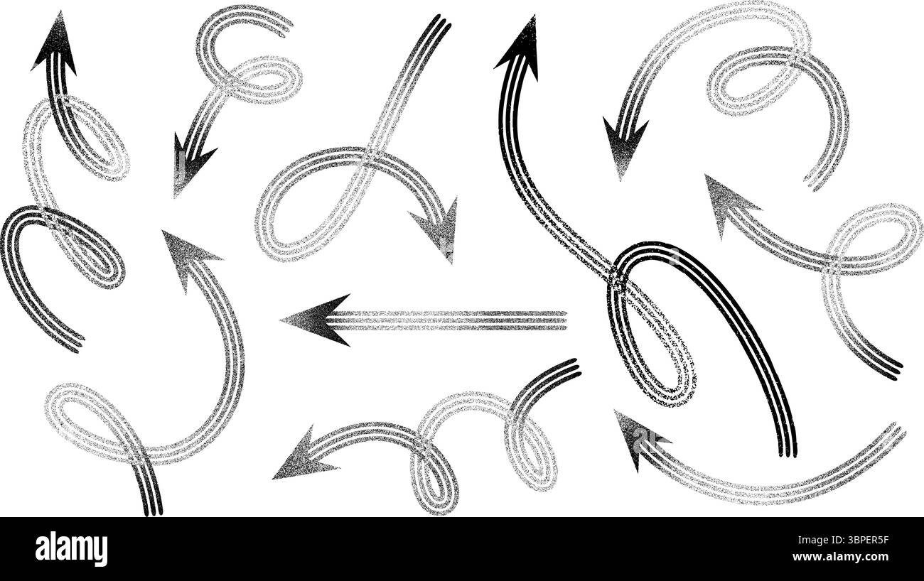 Set of textured black arrows with swirling and curved forms pointing in various directions Stock ...