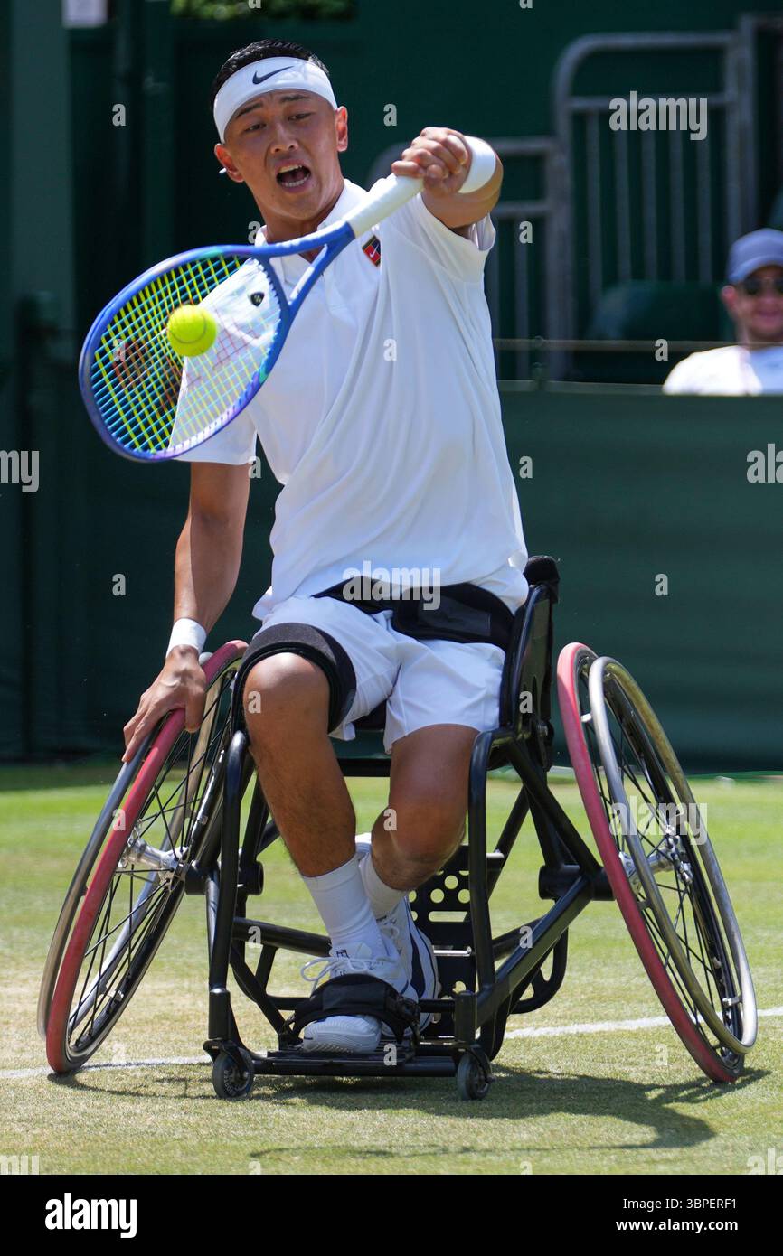 Japan's Tokito Oda returns to Britain's Ben Bartram in a men's wheelchairs singles match at the ...