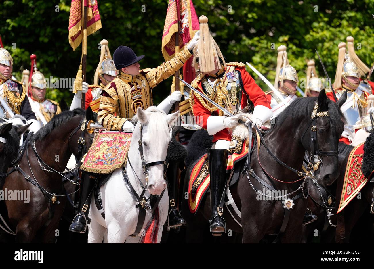 A member of the Life Guards is helped with their helmet plume during ...
