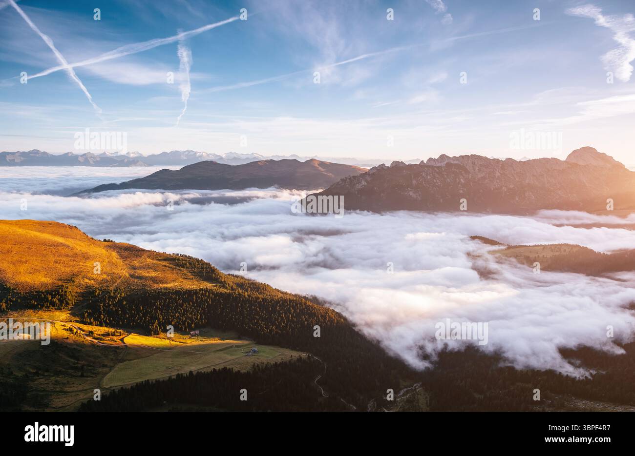 Aerial view of the alpine valley in sunlight. Great and gorgeous ...